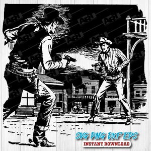 Vintage Cowboy Gunfight Clipart – Western Pulp Illustration (svg, Png ...