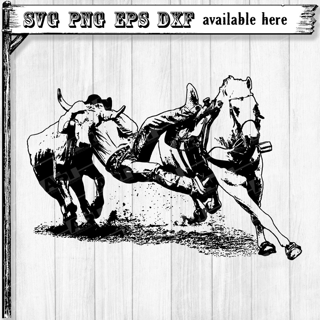 Rodeo Cowboy Bulldogging a Steer, Western Svg Png, Cowboy SVG, Clip Art ...