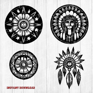 Vintage Native American Symbols With Mountains, Trees, and Sun in the ...