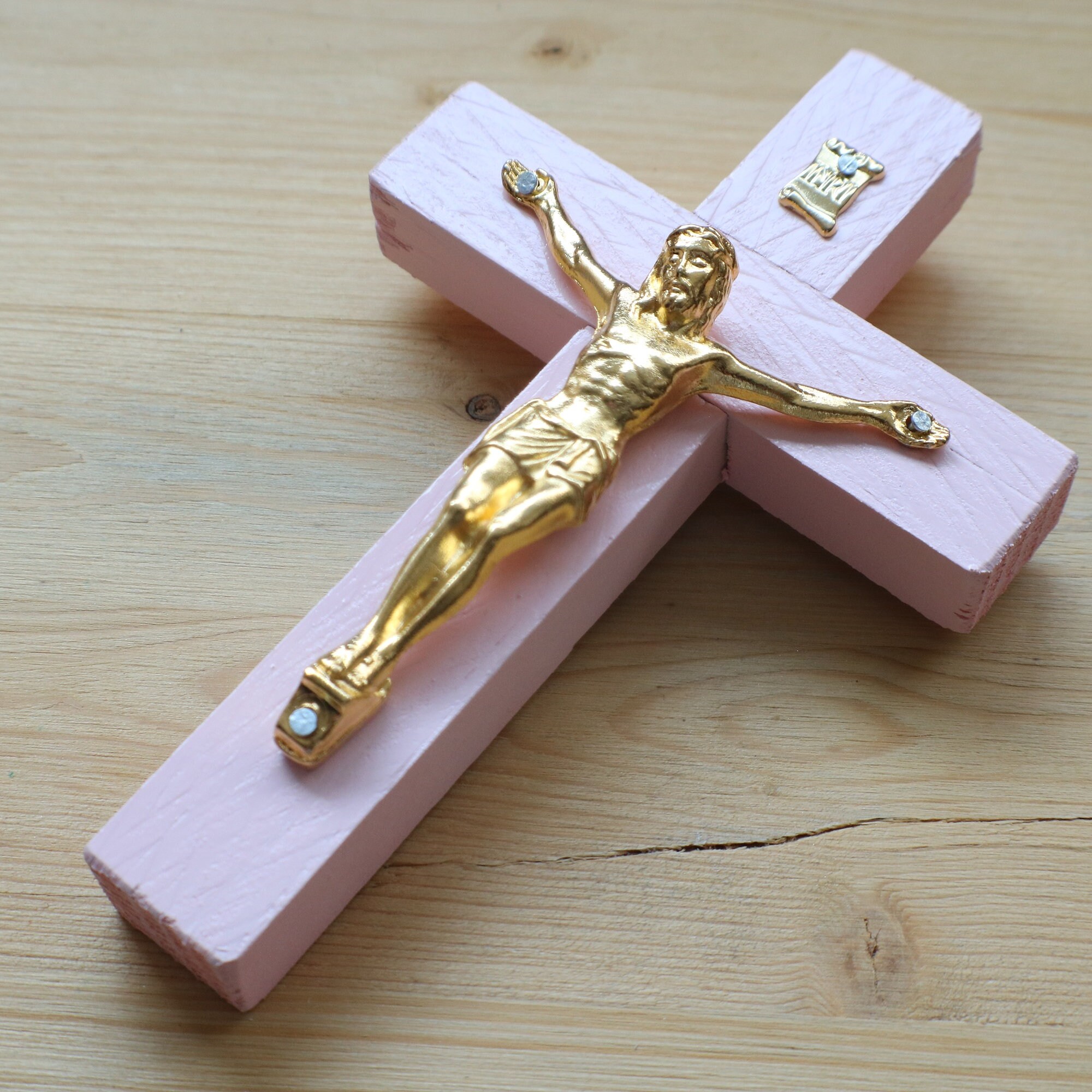 5 Wall Crucifix Wood Baby Pink Gold Decor Christ Cross | Etsy
