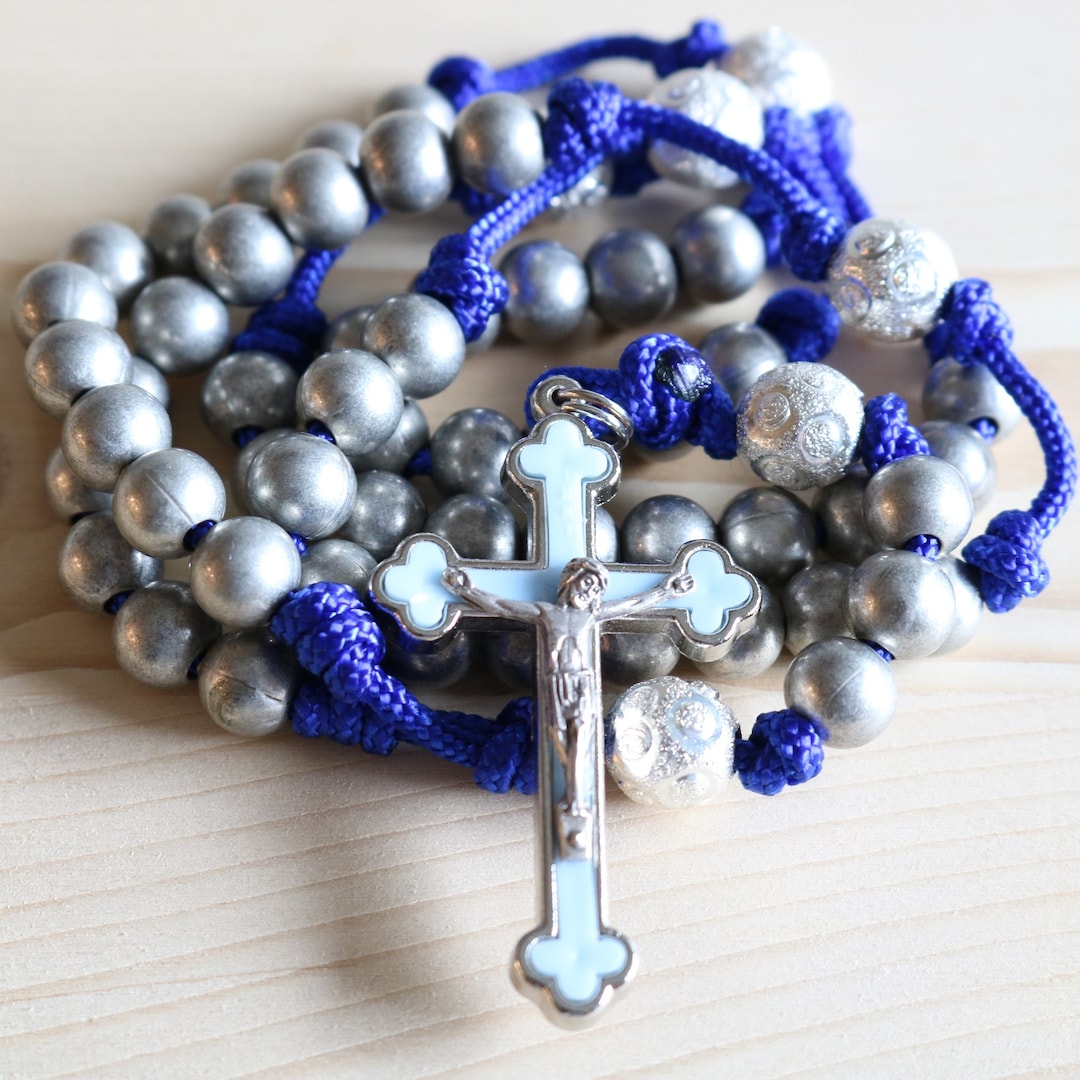 Rosary Blue Paracord Gray Steel Silver Beads Wearable Blue Cross ...