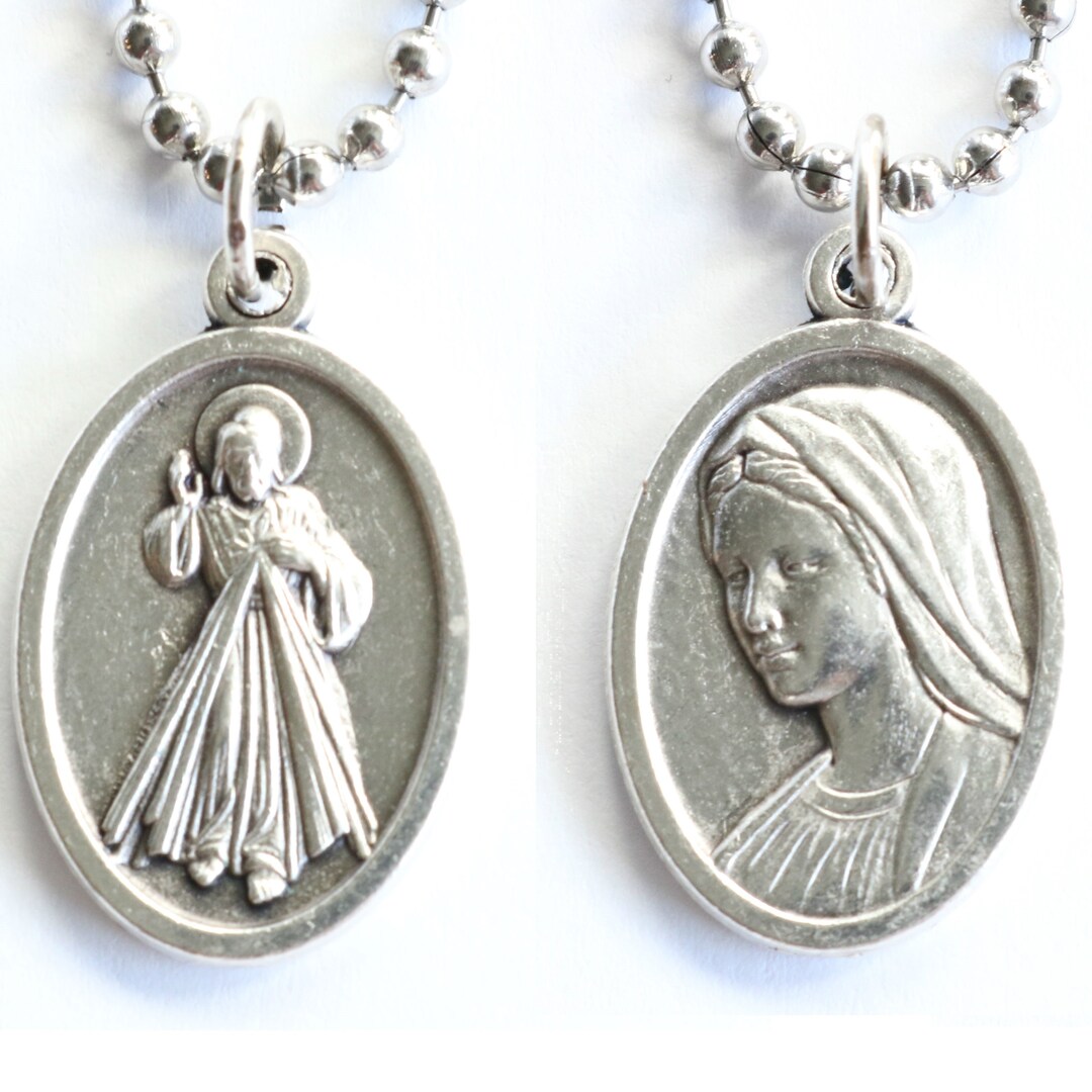 Divine Mercy & Mary Double Sided Medal Men 20" Stainless Steel Chain ...