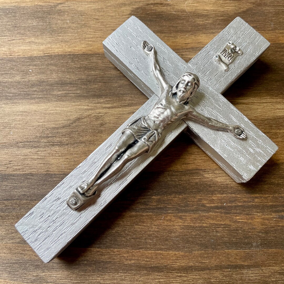 5 Wall Crucifix Wood Metallic Silver Decor Christ Cross Crucifijo ...