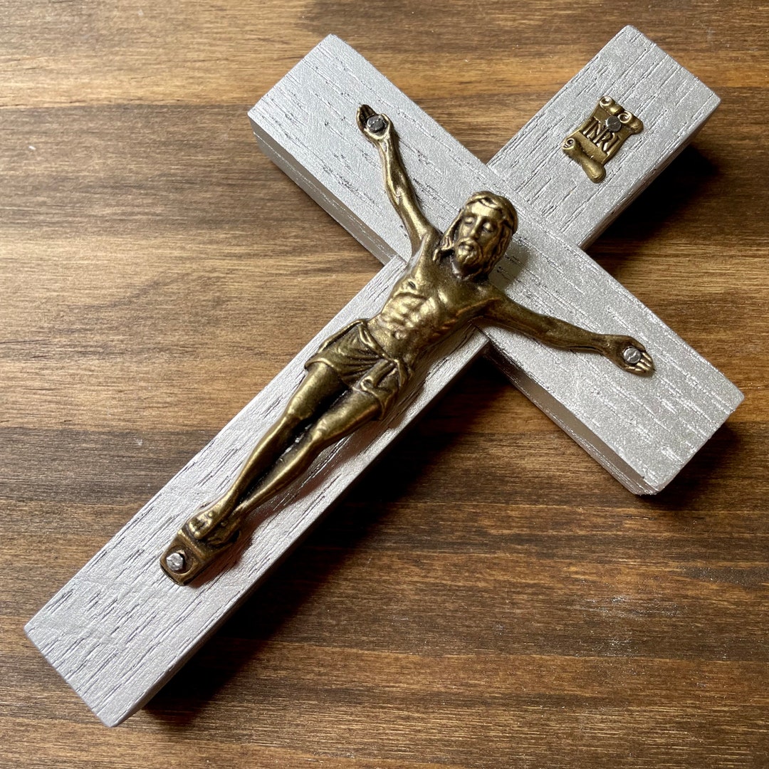 15 cm Wand Kruzifix Holz Metallic Silber Bronze Dekor Christus Kreuz ...