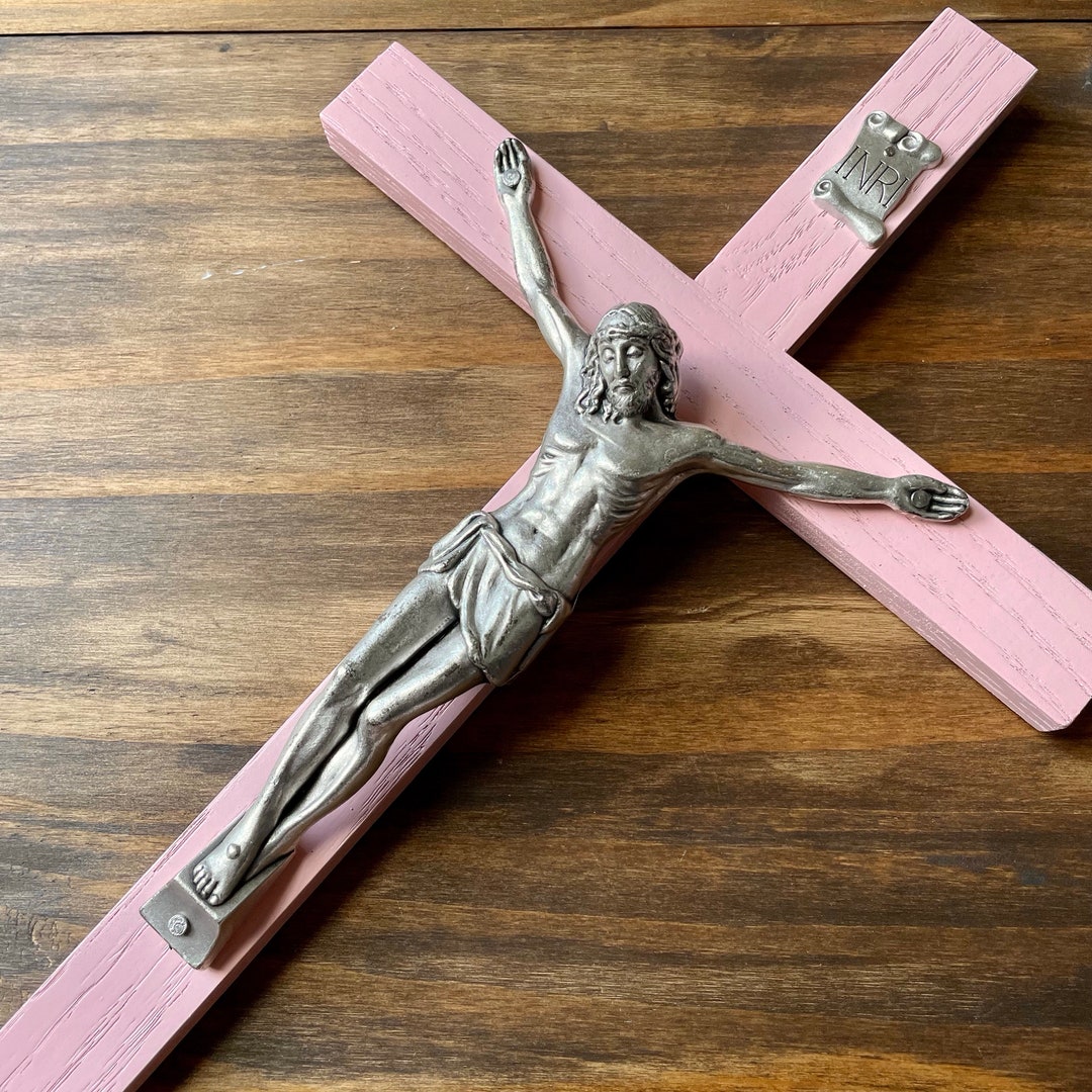 13" Wall Crucifix Wood Pink Decor Christ Cross Crucifijo Catholic Mercy ...