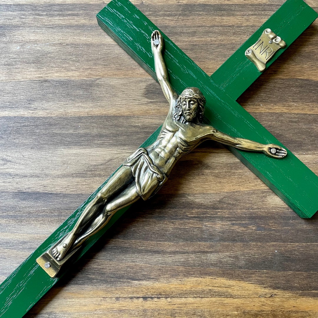 13" Wall Crucifix Wood Hunter Green Bronze Christ Decor Cross Crucifijo ...