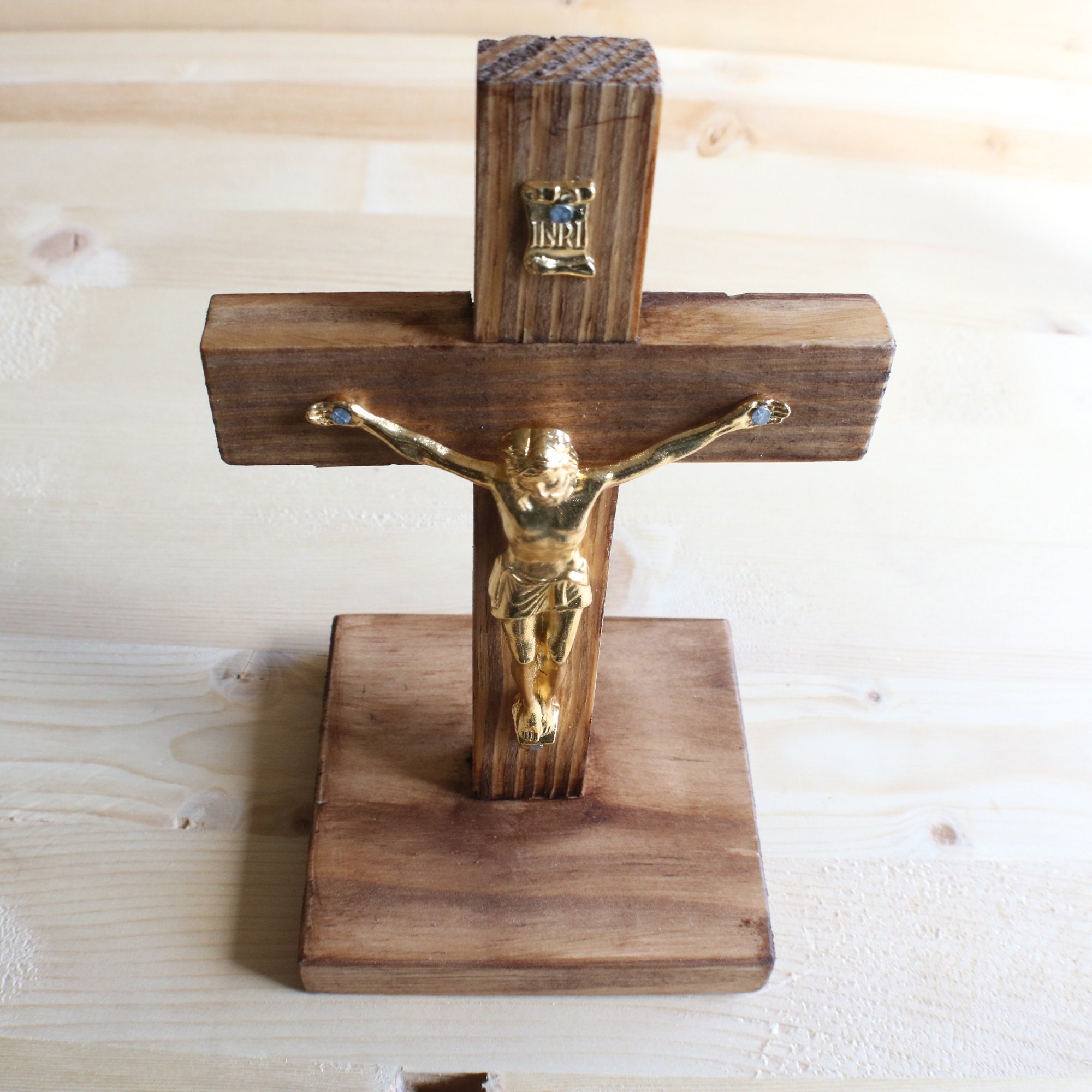 5.5 Standing Crucifix Wood Brown Gold Decor Christ Cross | Etsy