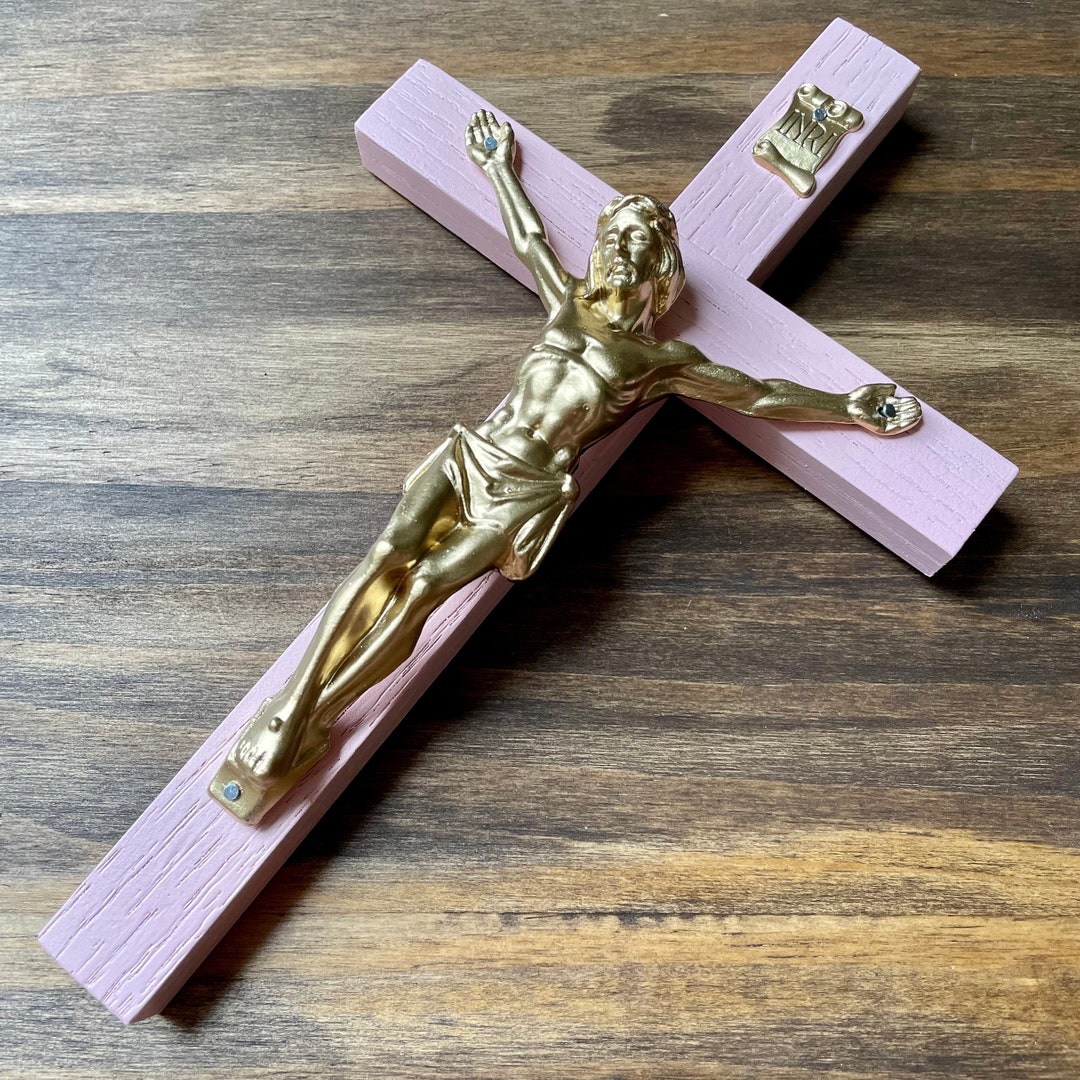 8" Wall Crucifix Wood Baby Pink Gold Decor Christ Cross Crucifijo ...