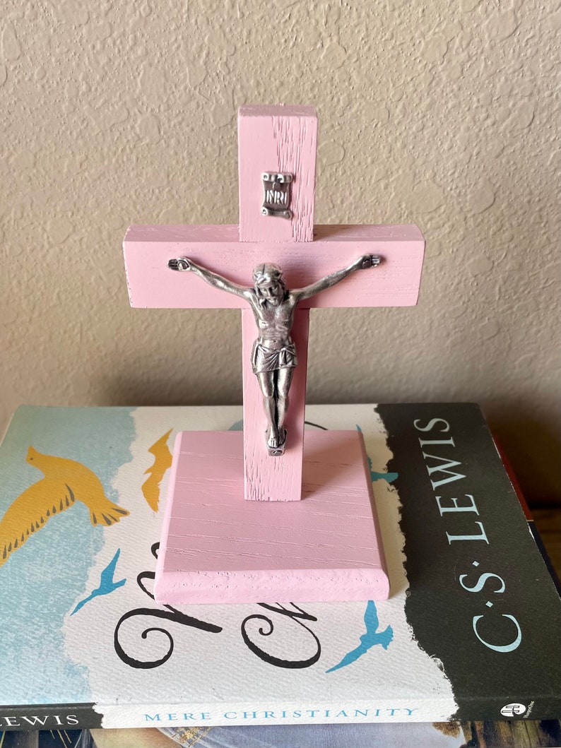 Standing Crucifix Wood Pink 5.5" Decor Christ Cross Crucifijo Catholic ...