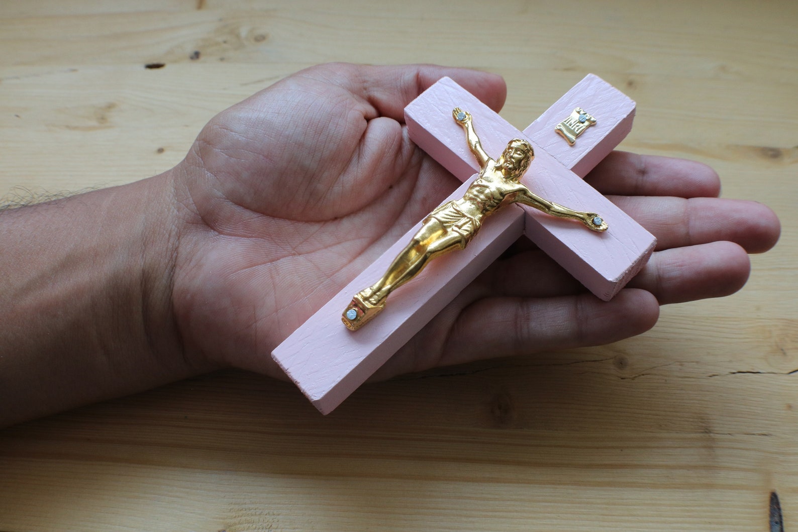 5 Wall Crucifix Wood Baby Pink Gold Decor Christ Cross | Etsy