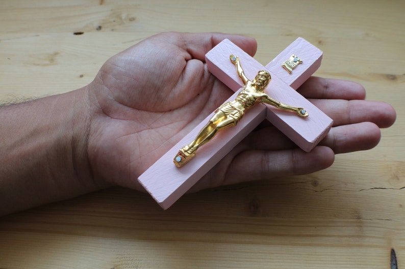 5 Wall Crucifix Wood Baby Pink Gold Decor Christ Cross | Etsy