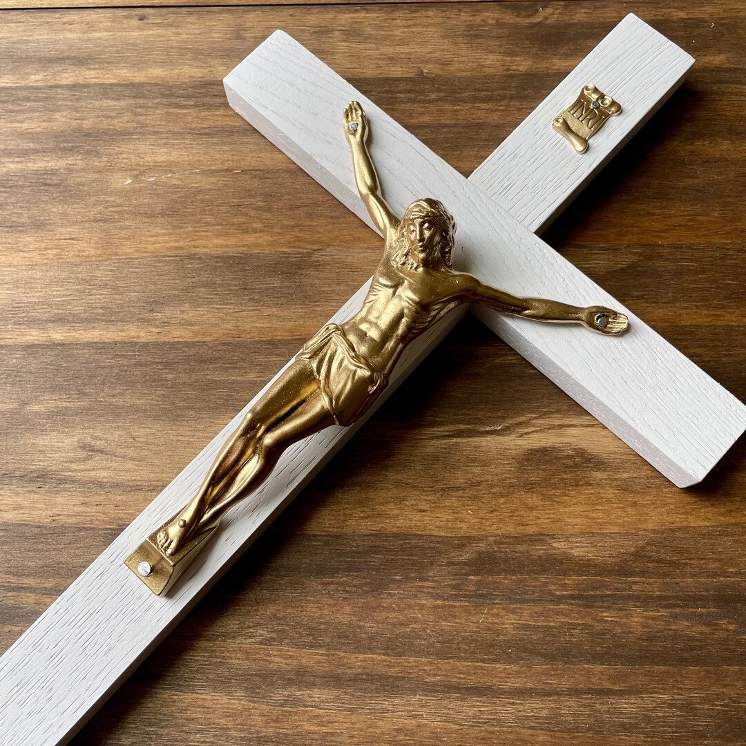 11" Wall Crucifix Wood White Metallic Gold Decor Christ Cross Crucifijo ...