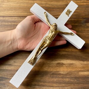 11" Wall Crucifix Wood White Metallic Gold Decor Christ Cross Crucifijo ...