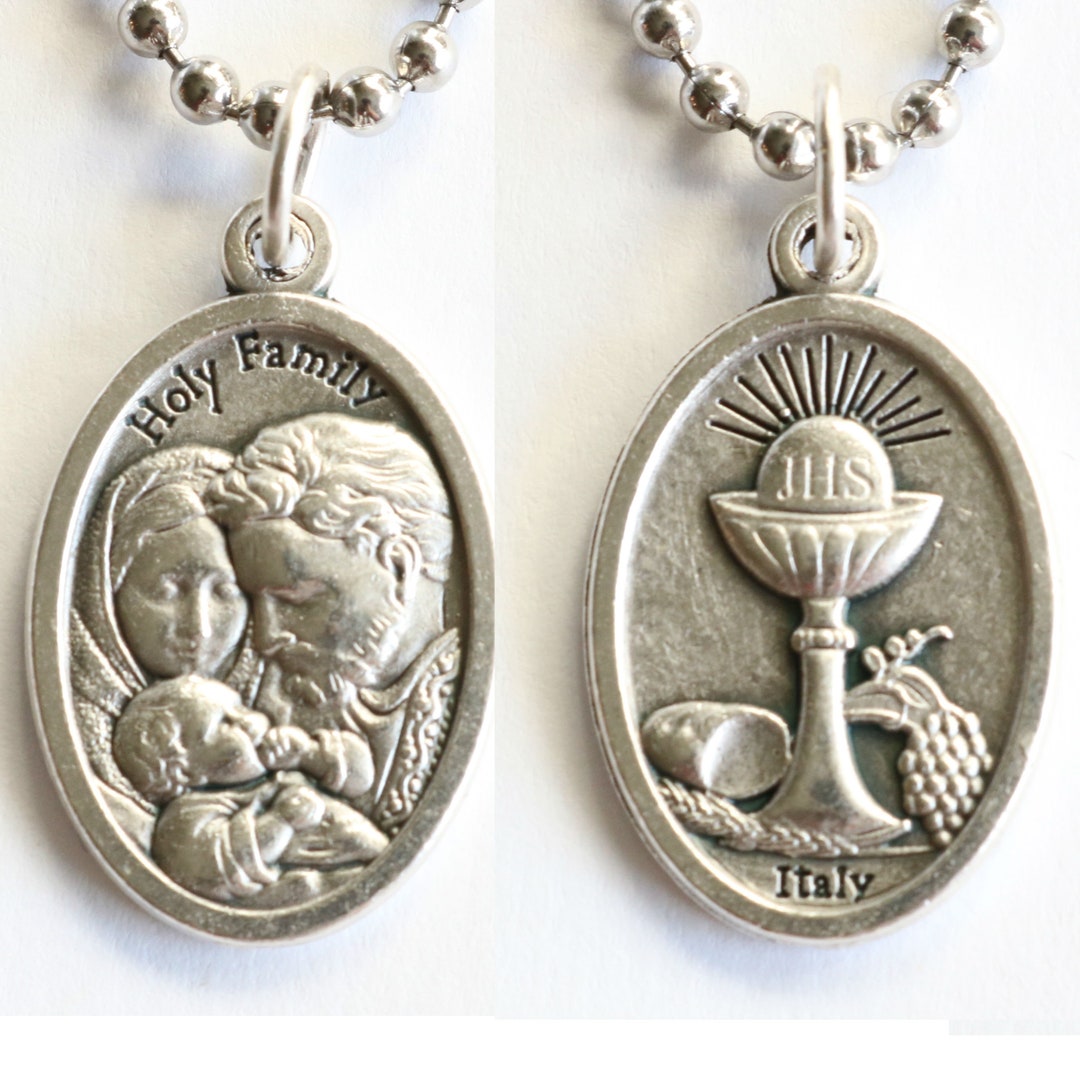 Holy Family and Eucharist Medal Men 20" Stainless Steel Chain Mary ...