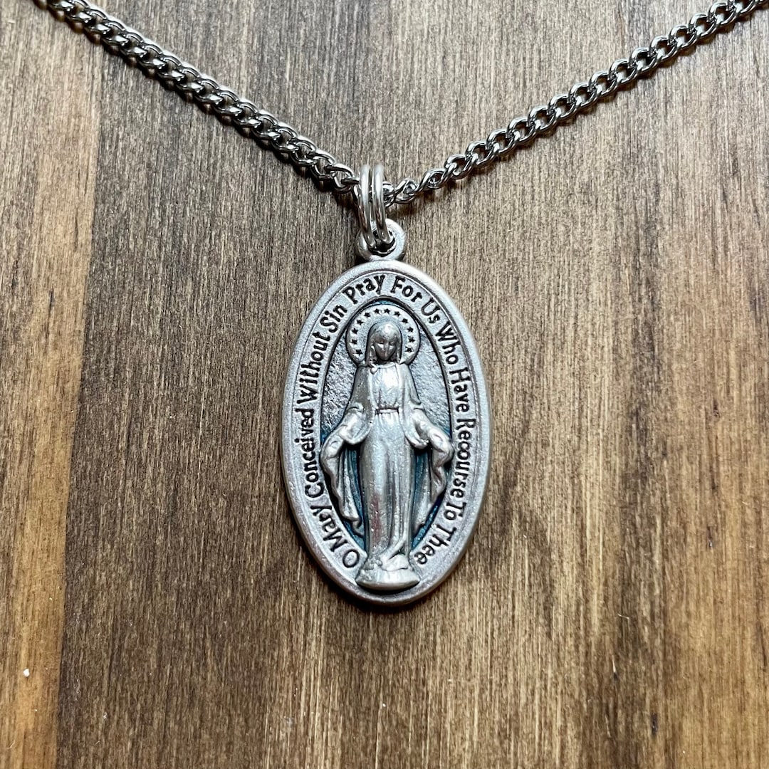 Oval Miraculous Medal Women 18" Stainless Steel Chain Necklace Catholic ...