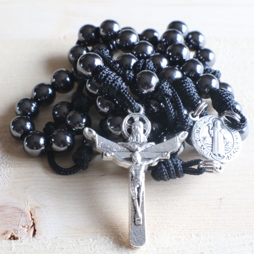 All Black Rosary With Centerpiece Paracord Steel Beads Wearable Cross ...