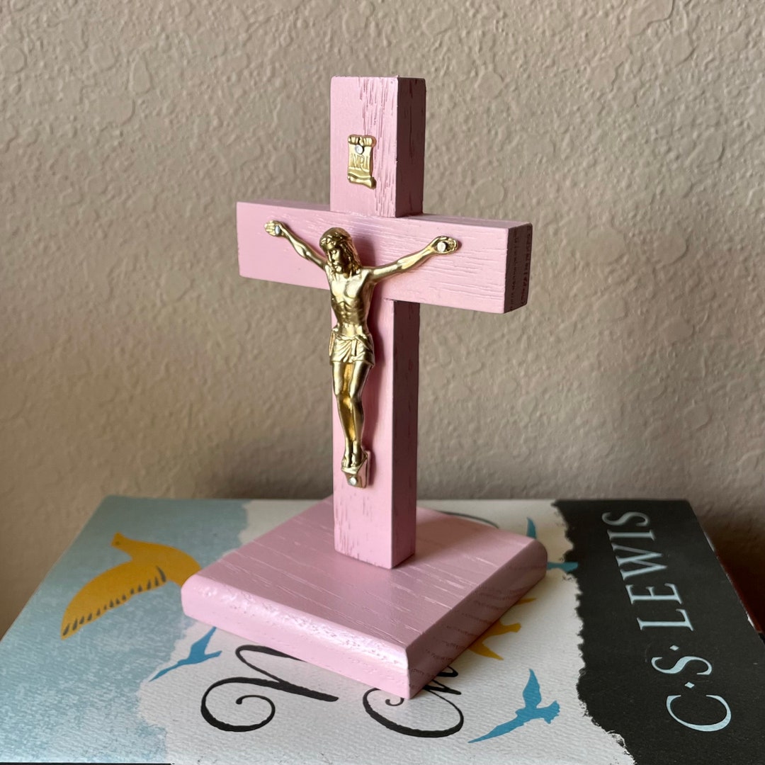 5.5" Standing Crucifix Wood Pink Gold Decor Christ Cross Crucifijo ...