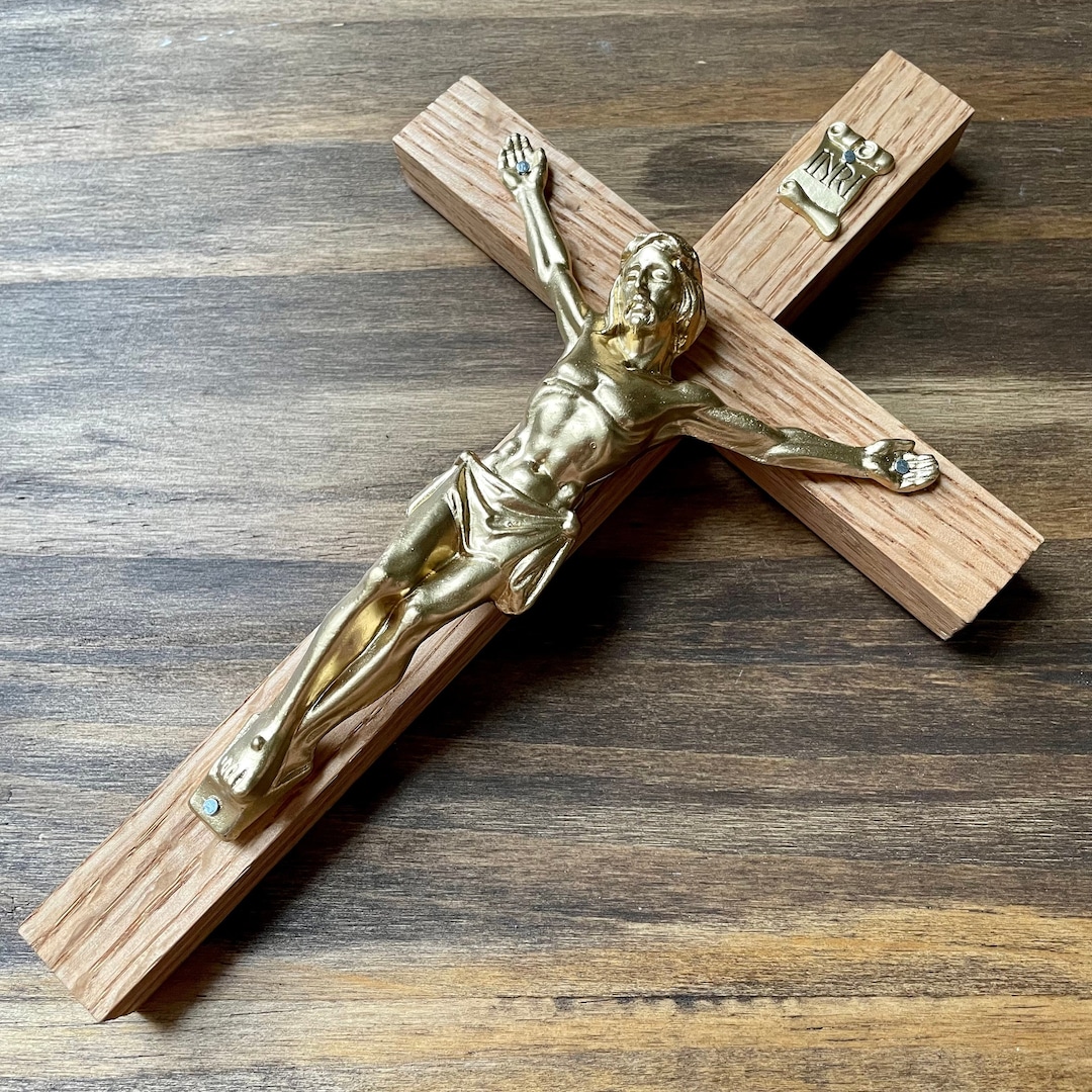 Wall Crucifix Wood Light Brown Gold 8" Decor Detailed Christ Cross ...
