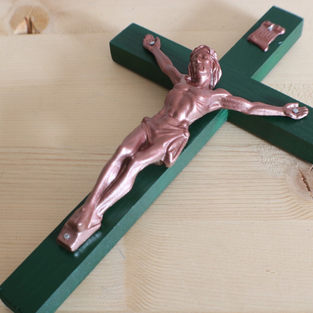 8" Wall Crucifix Wood Hunter Green Copper Decor Christ Cross Crucifijo ...