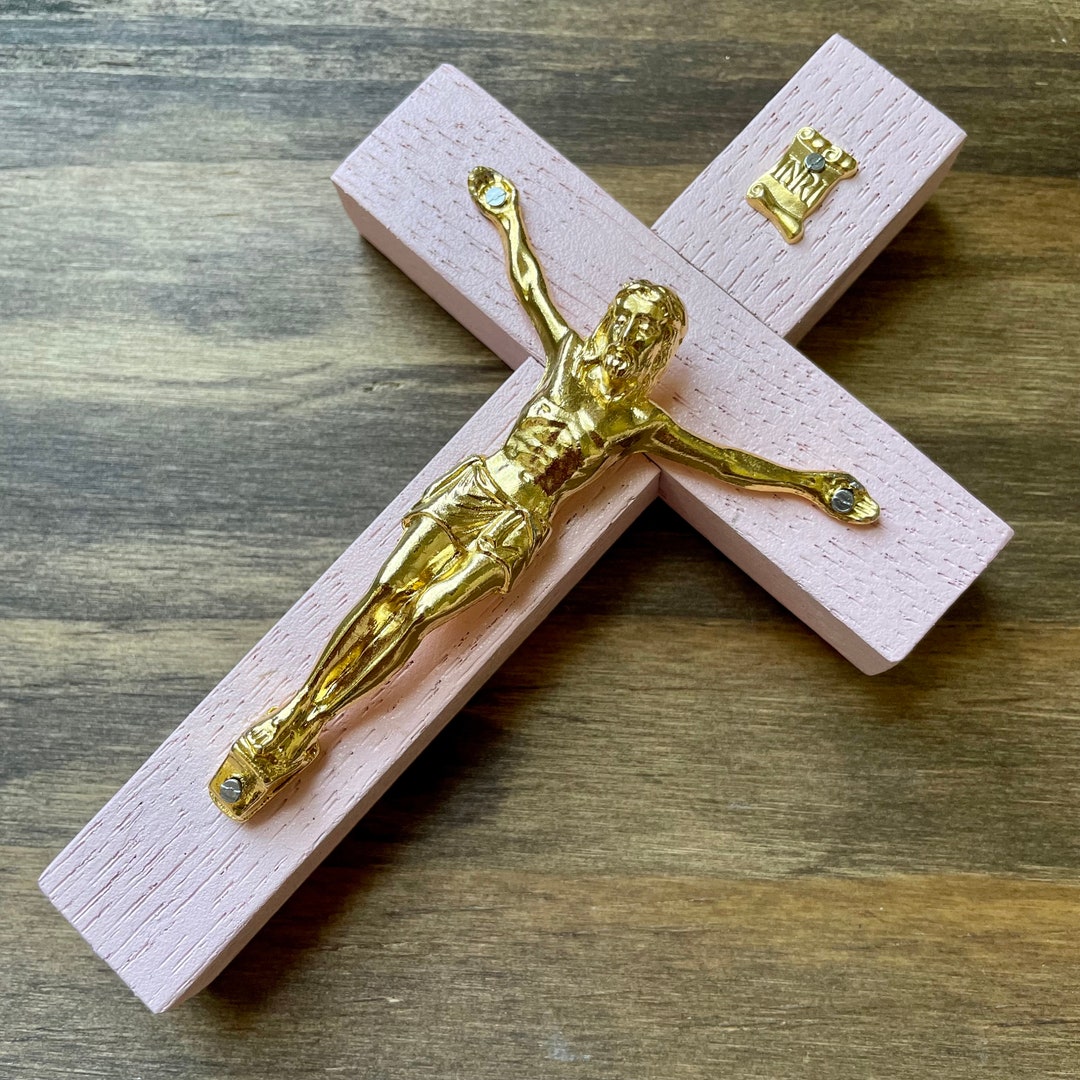 5" Wall Crucifix Wood Baby Pink Gold Decor Christ Cross Crucifijo ...