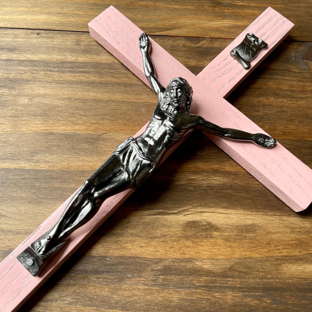 13" Wall Crucifix Wood Pink Gunmetal Decor Christ Cross Crucifijo ...