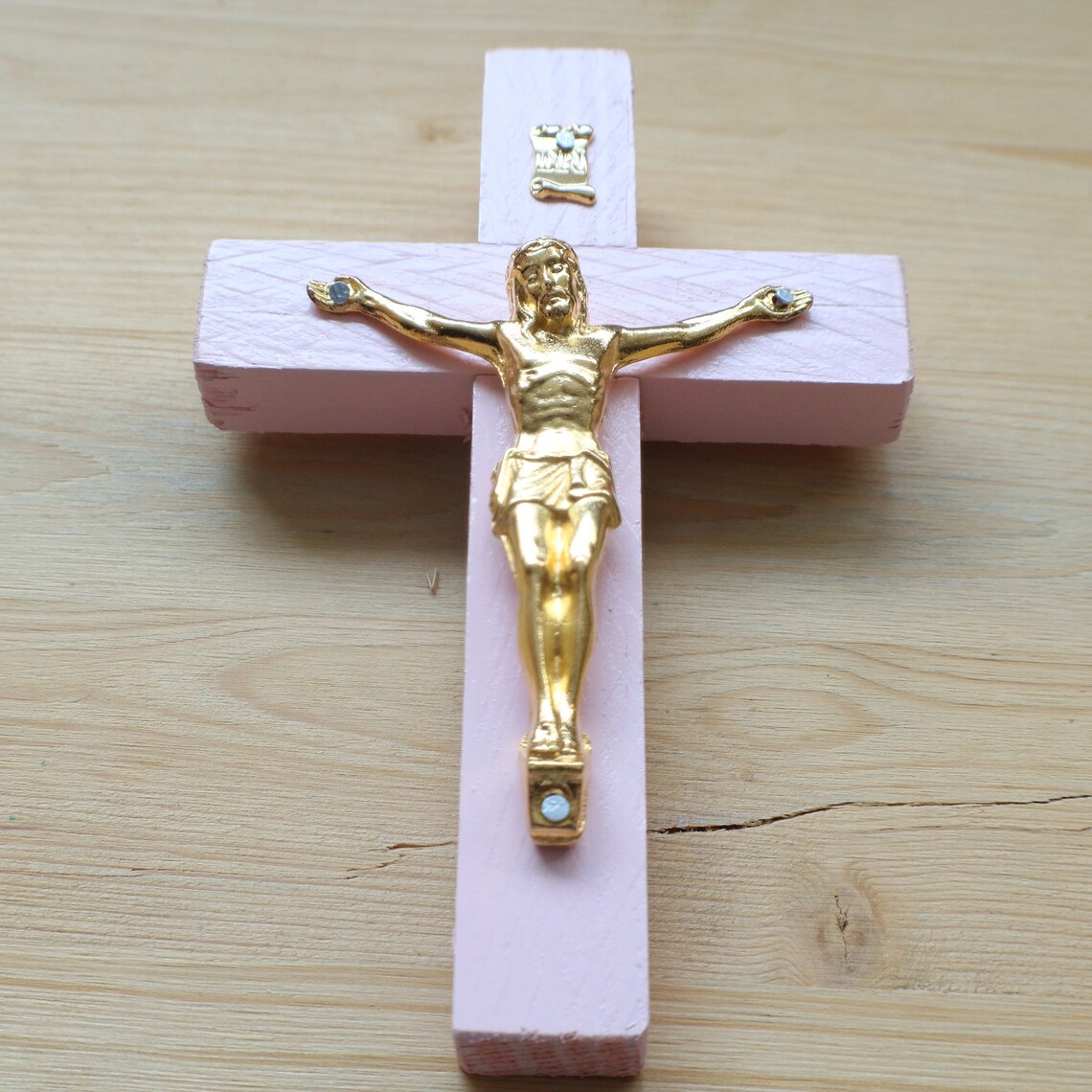 5 Wall Crucifix Wood Baby Pink Gold Decor Christ Cross | Etsy