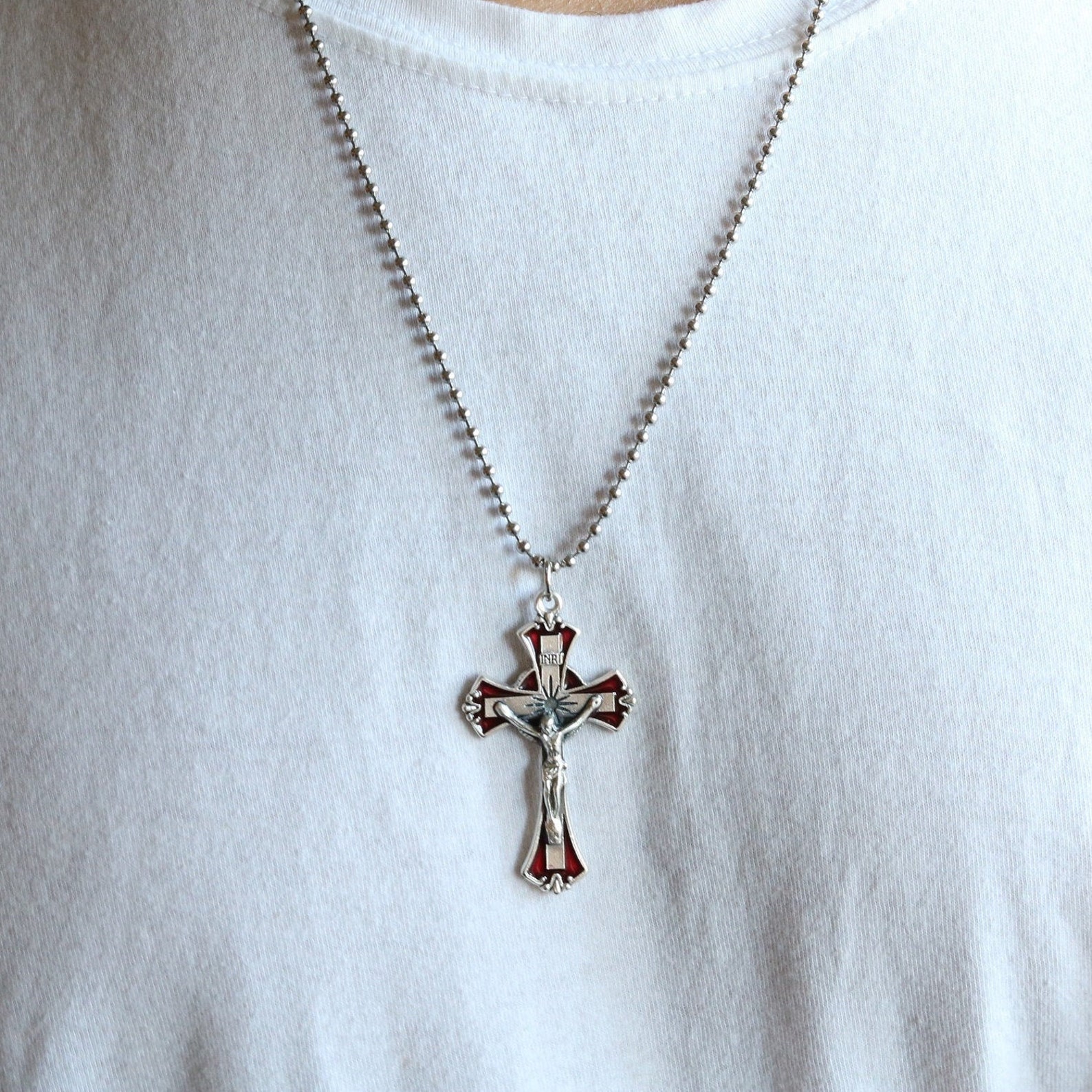Men Necklace Crucifix With Red Enamel Pendant Stainless Steel - Etsy