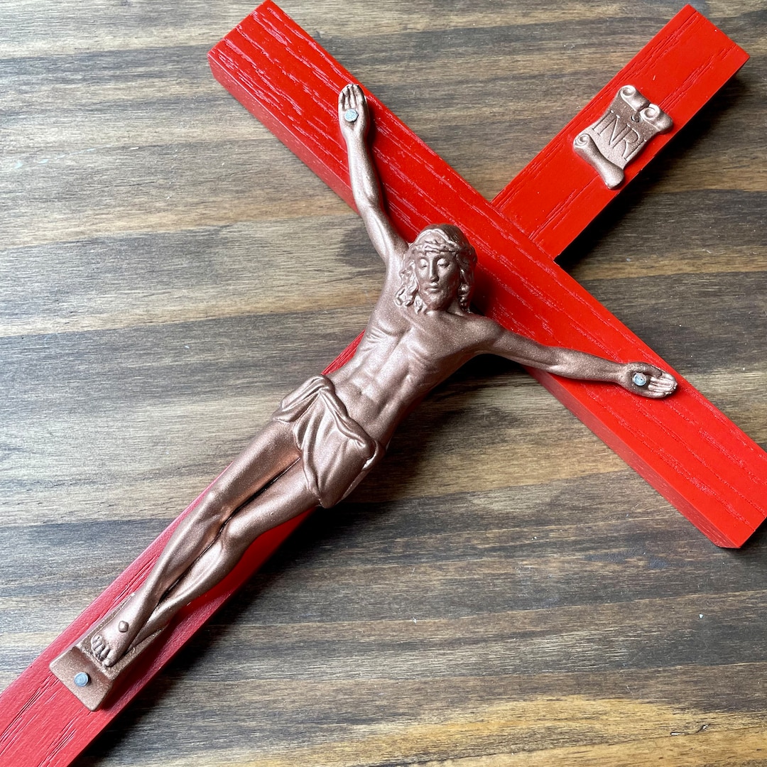 13 Wall Crucifix Wood Red and Rose Gold Decor Christ Cross Crucifijo ...