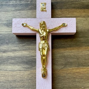 5" Wall Crucifix Wood Baby Pink Gold Decor Christ Cross Crucifijo ...
