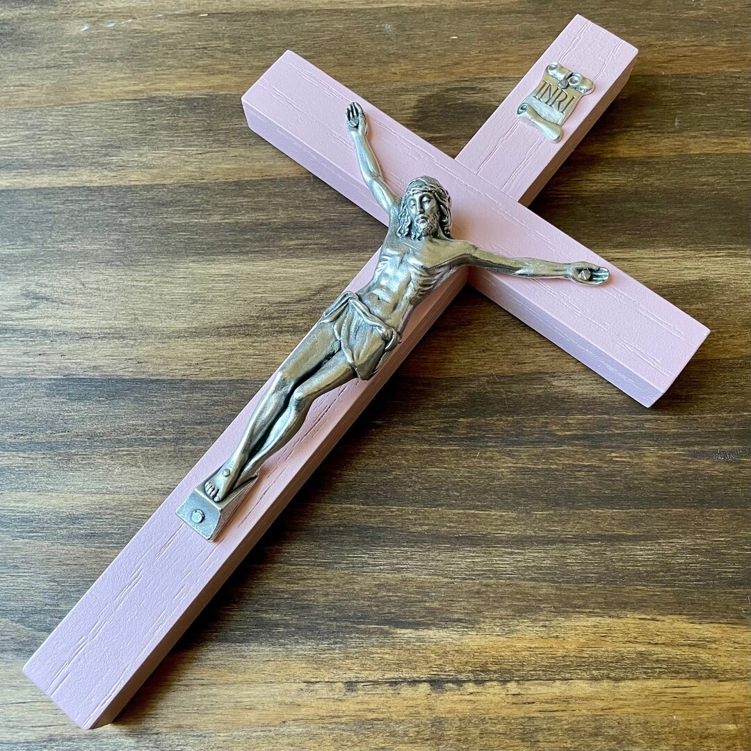8" Wall Crucifix Wood Baby Pink Decor Christ Cross Crucifijo Catholic ...