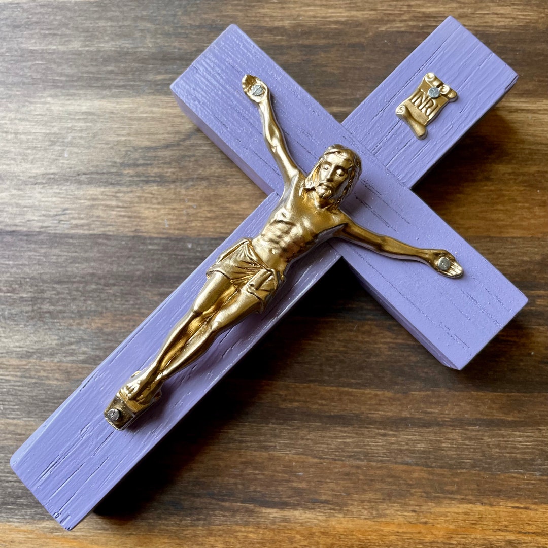 5" Wall Crucifix Wood Purple Lilac Gold Decor Christ Cross Crucifijo ...