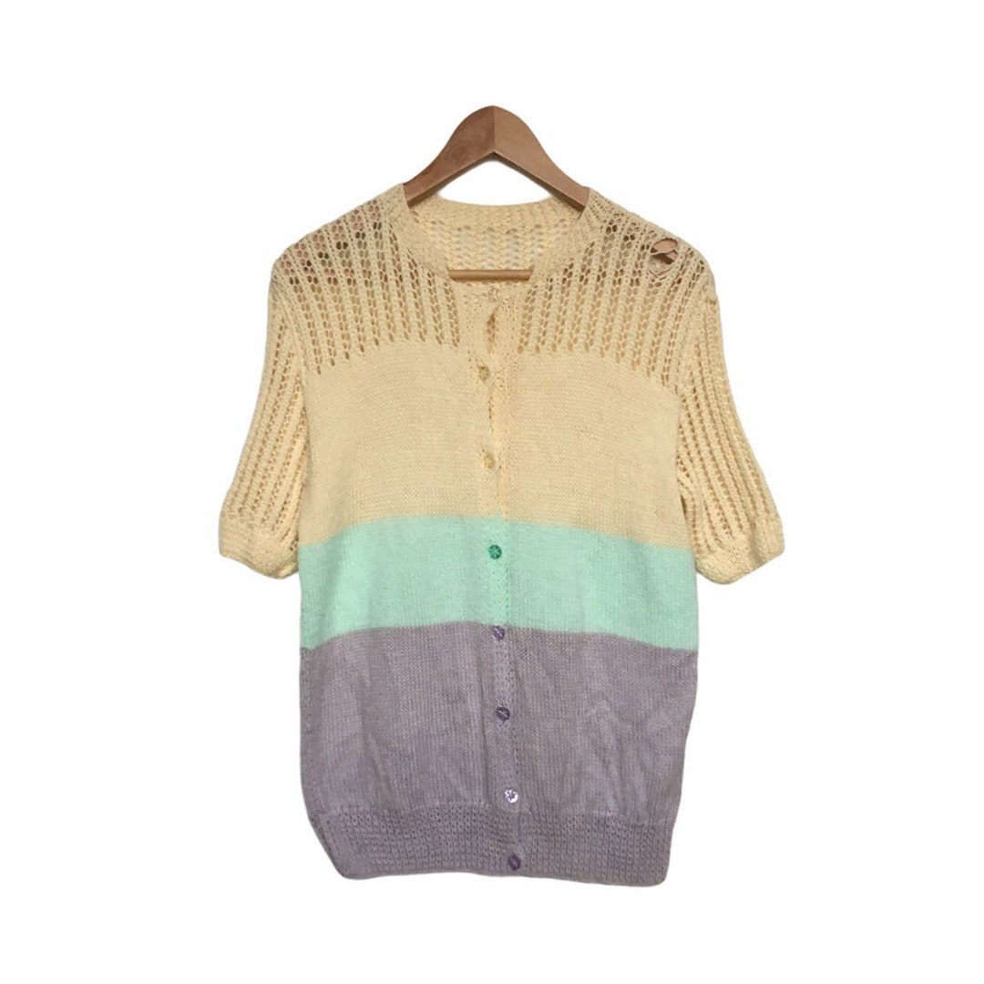 Handmade, 70s Vintage Cardigan,cream Blue Purple Colourblock, Button ...