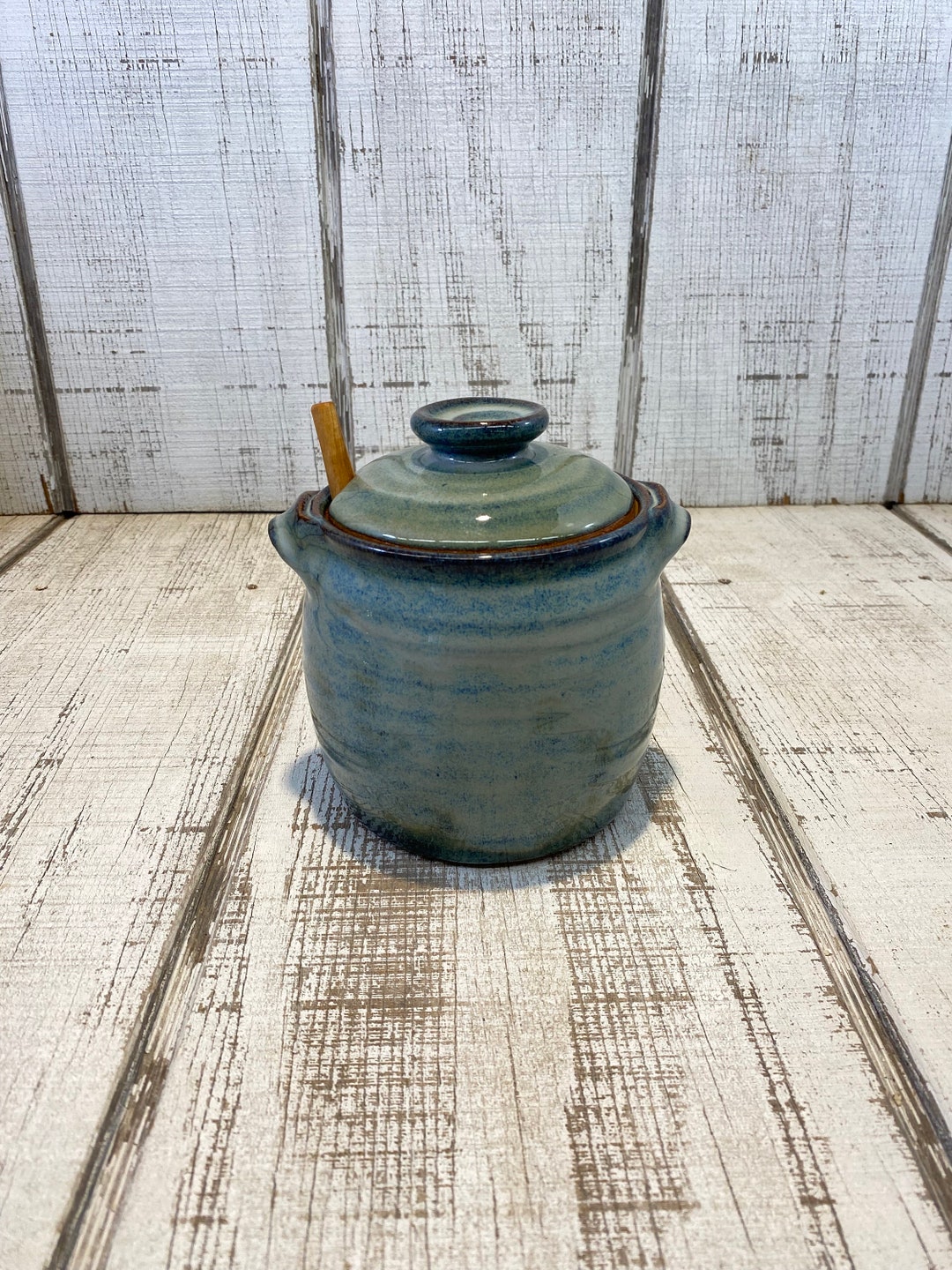 Blue Glazed Handmade Stoneware Honey Pot Lidded Pottery - Etsy