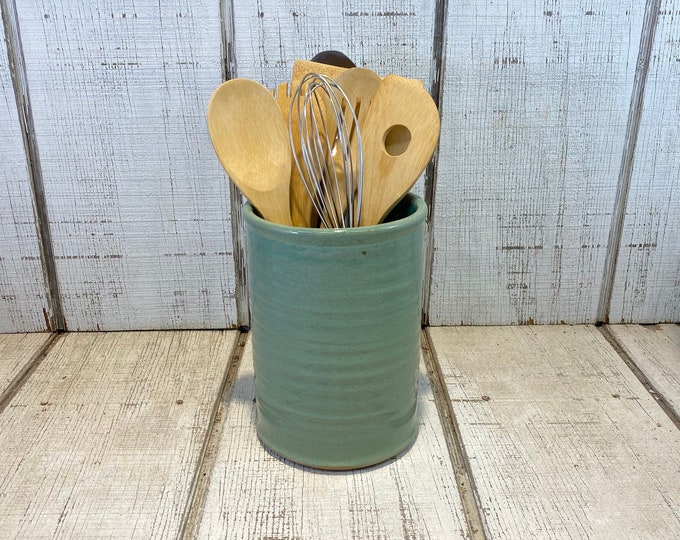 Green Handmade Pottery Large Utensil Holder Stoneware Vase | Etsy