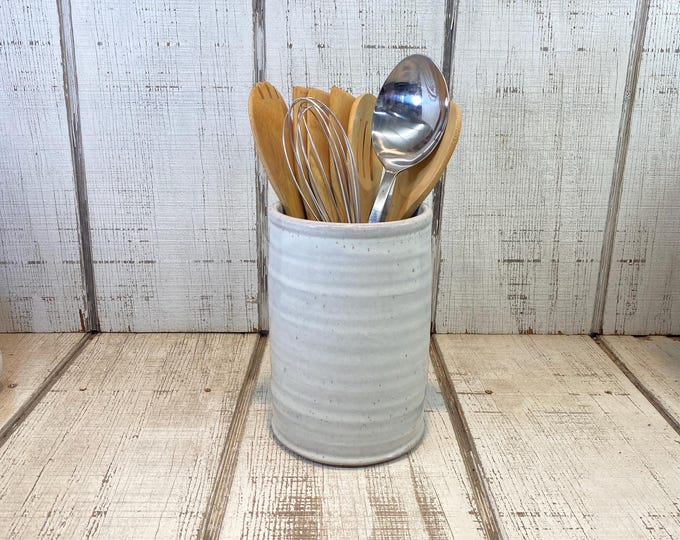 White Handmade Pottery Large Utensil Holder, Stoneware Vase, Ceramic ...