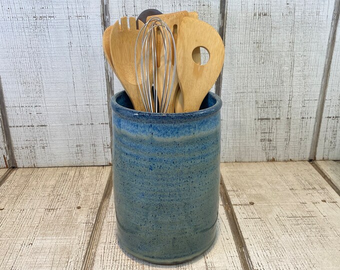 Blue Handmade Pottery Utensil Holder, Stoneware Vase, Ceramic Storage ...