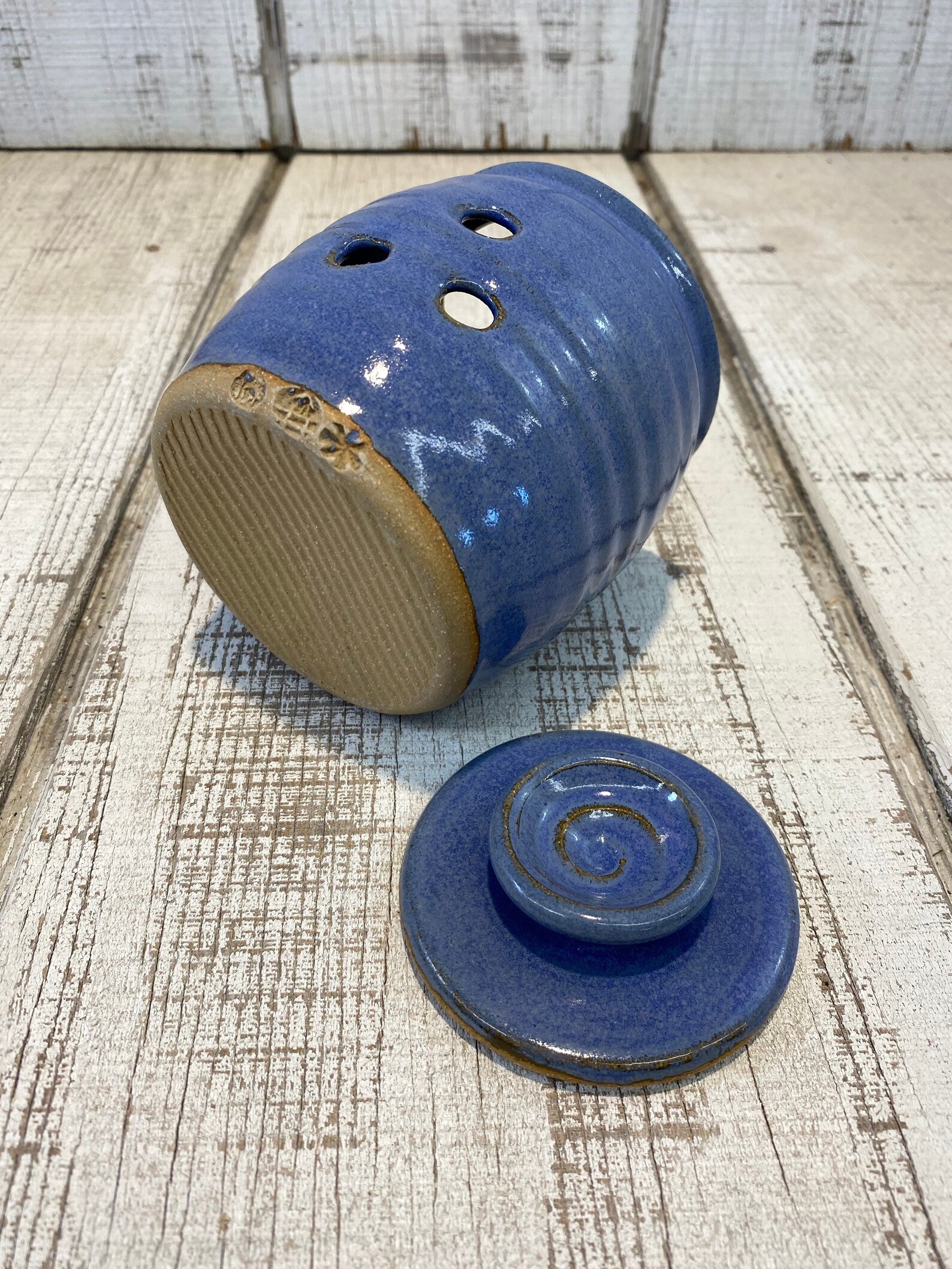 Blue Handmade Pottery Stoneware Garlic Keeper Lidded Pottery | Etsy
