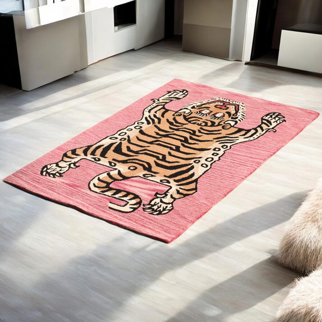 Handtufted Rectangle Tibetan Tiger Textured Pink Color Animal Print ...
