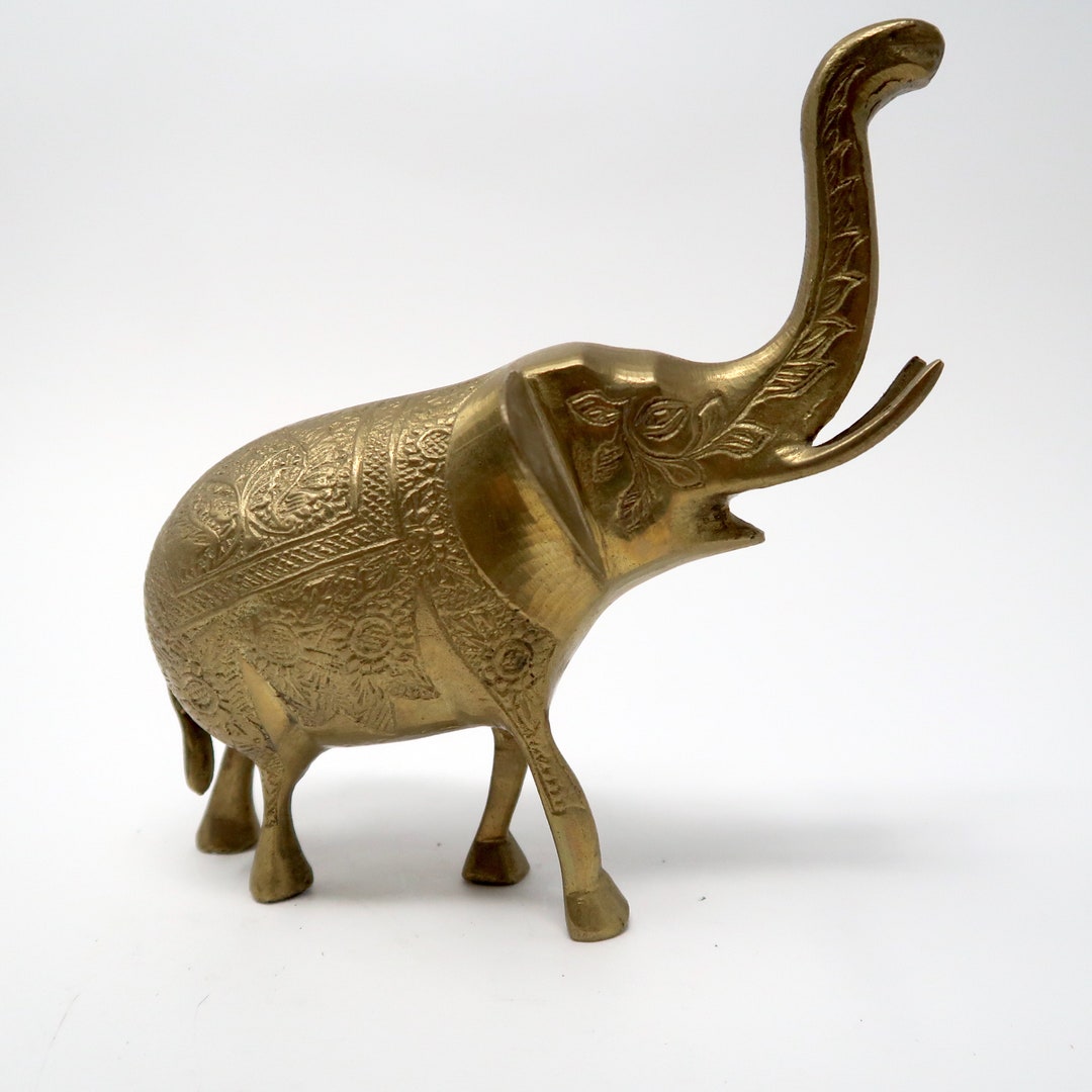 Vintage Brass Ornate ELEPHANT Trunk up Good Luck Charm Decor Metal ...