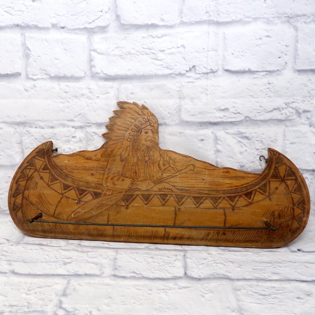 Antique Flemish Art Co Wooden Pyrography Native Indian Pipe Canoe ...