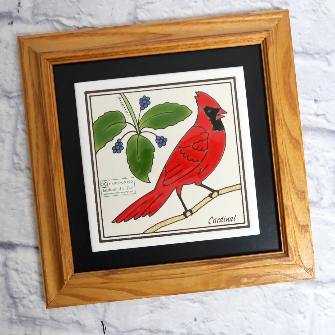 Framed Handpainted Besheer Art Tile Bedford New Hampshire CARDINAL BIRD ...