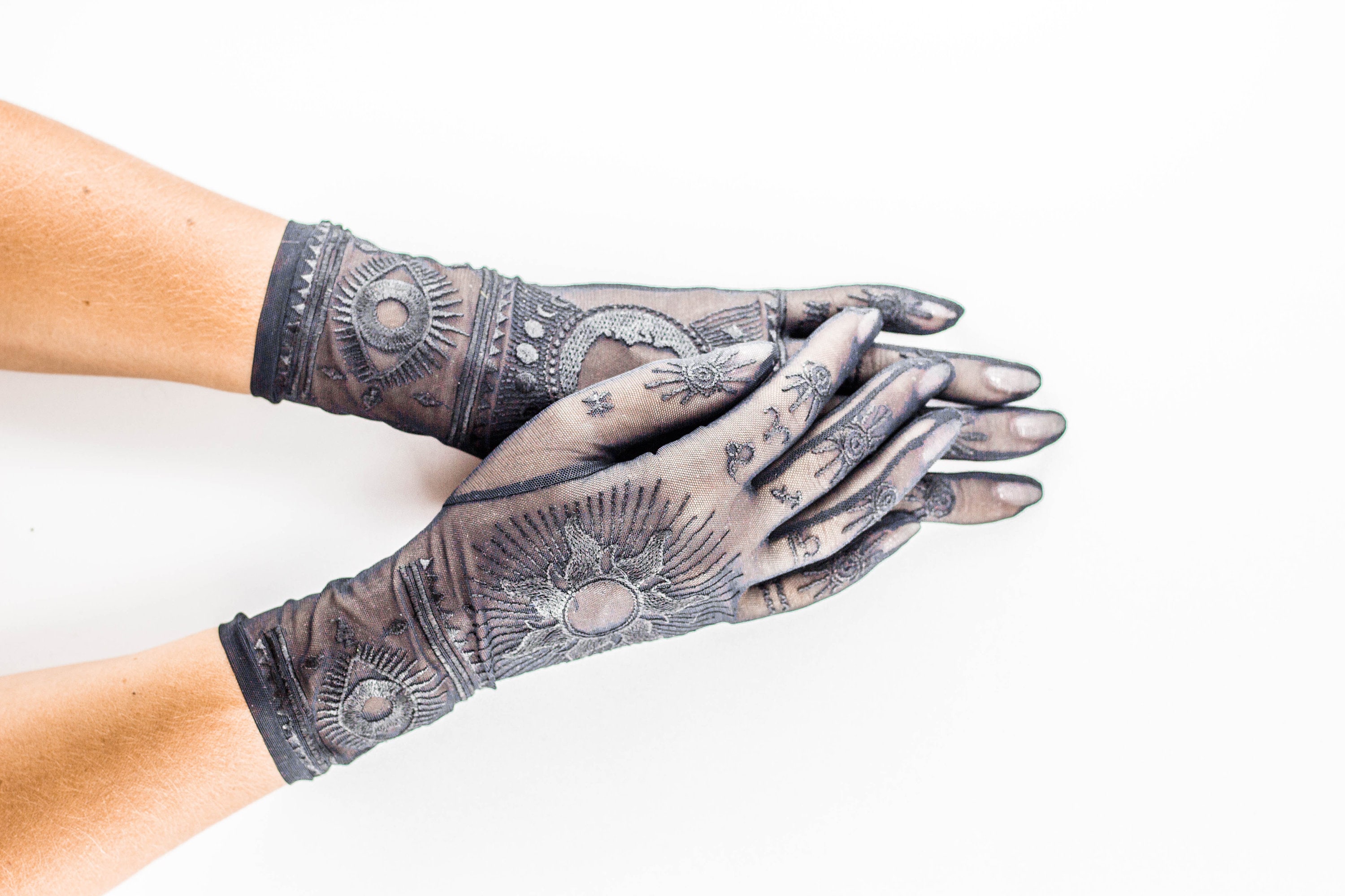 Black Mesh Witch Gloves Goth Gloves With Evil Eye Sun and - Etsy