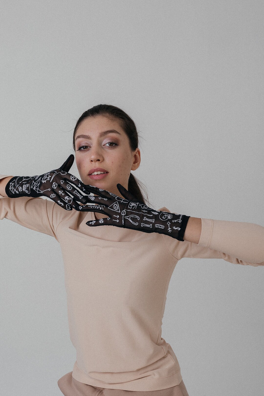 Black Mesh Gloves With Custom Embroidery | Touchscreen Comfy Party ...