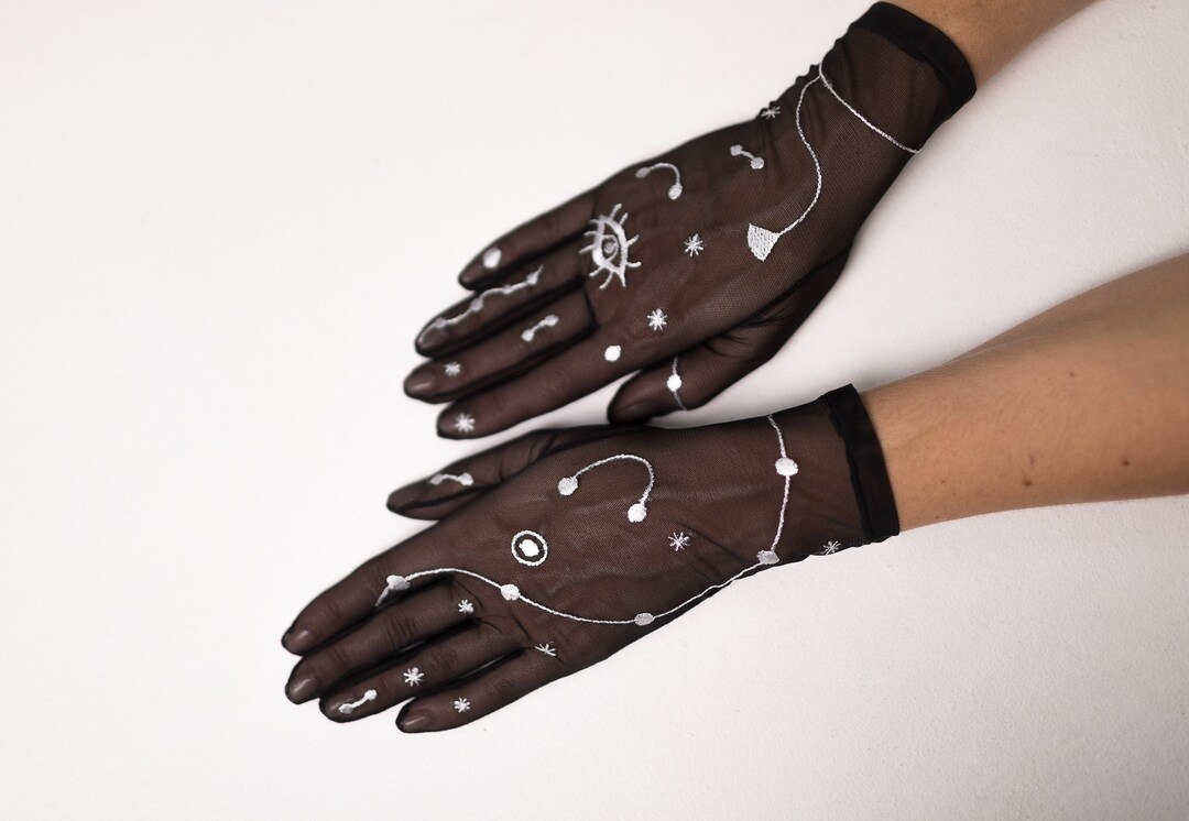 Embroidered Black Mesh Gloves | Abstract Tattoo Design, Evening Gloves ...