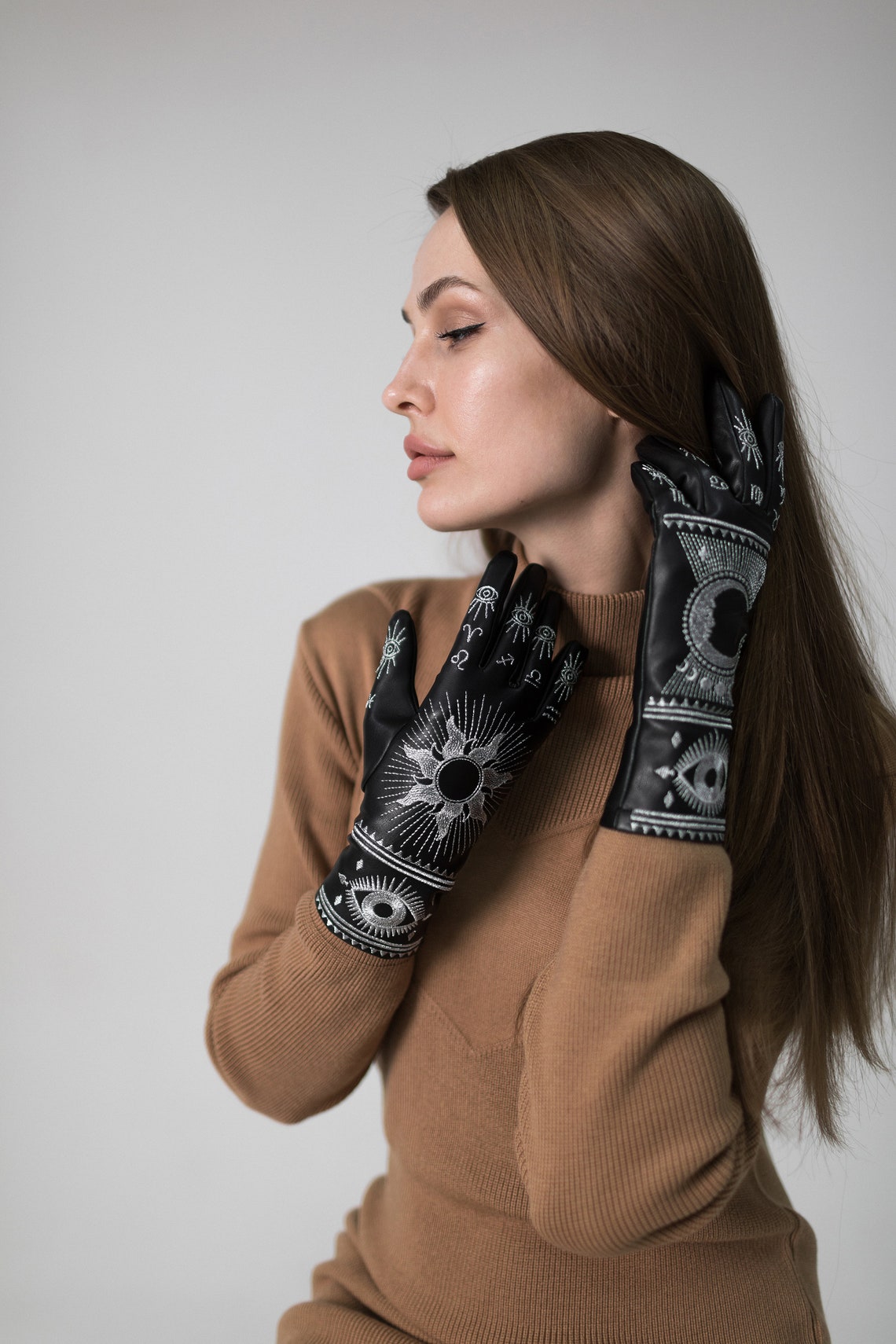 Black Vegan Leather Witch Gloves With Custom Embroidery | Victorian ...