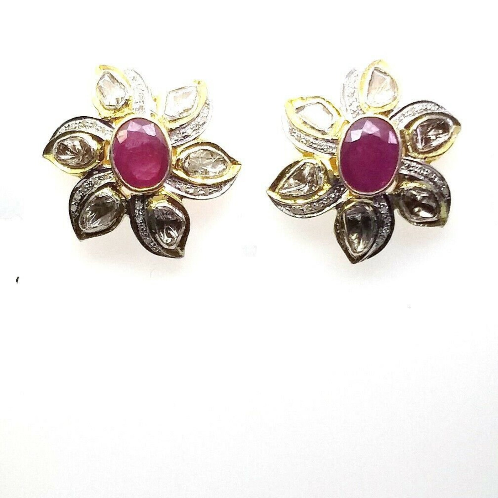 Fine Polki Diamond Ruby Flower Stud Earrings | Dainty Gemstone Jewelry ...