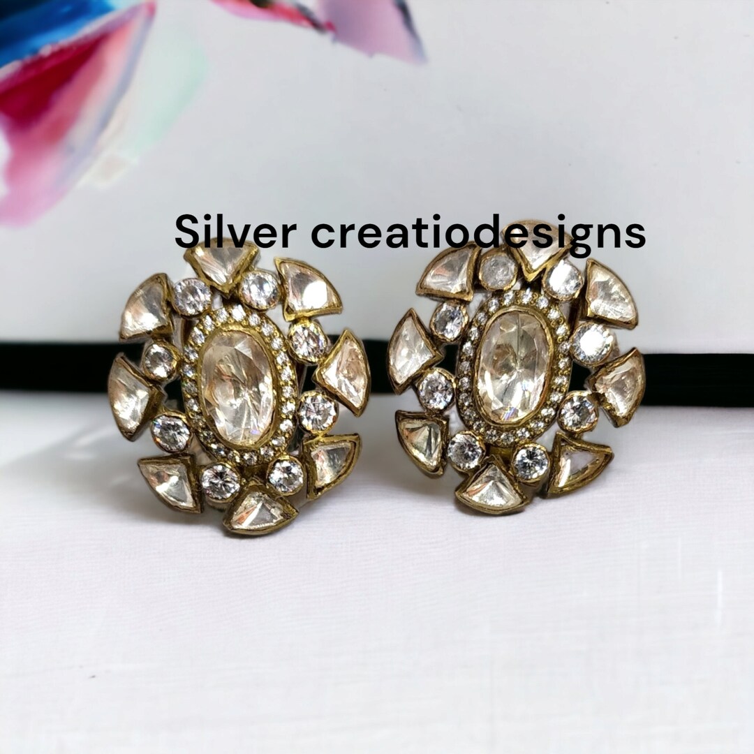 Small Moissanite Polki Diamond Stud Earrings 925 Sterling Silver ...