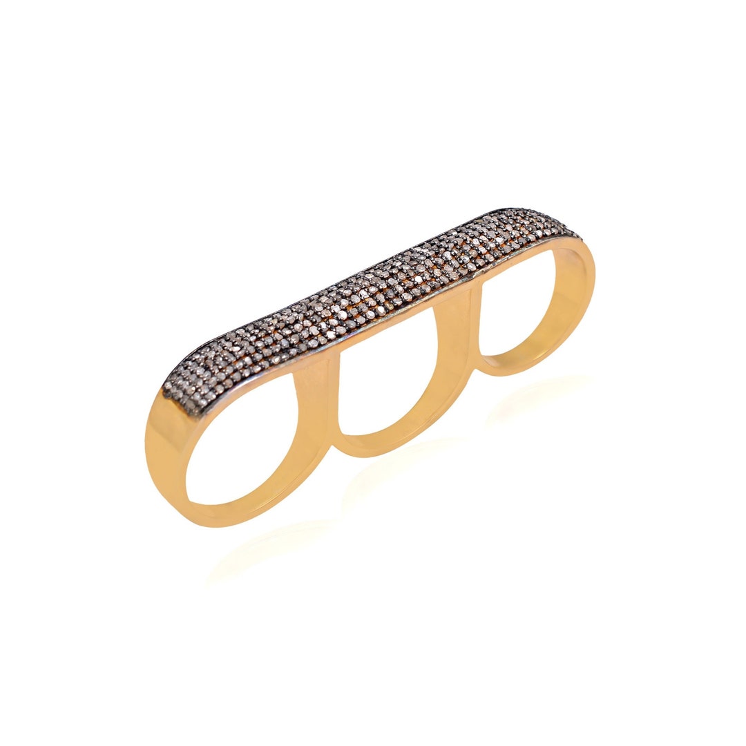 Sterling Silver and Genuine Diamond Three Finger Ring, Unique Black ...