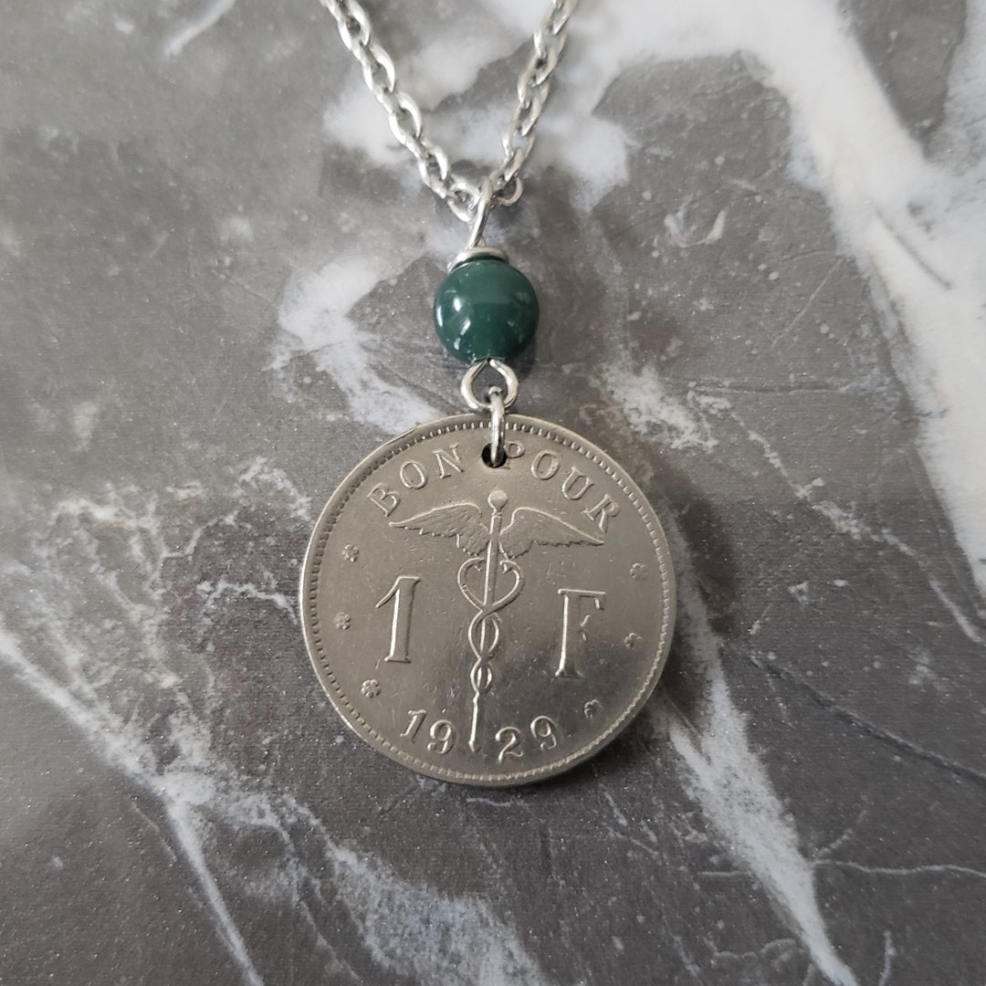 Caduceus Necklace -belgian 1 Franc Coin Necklace -blood Agate Gemstone ...