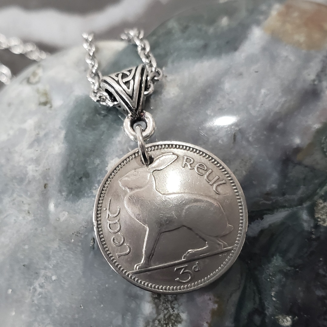 Irish Rabbit Coin Necklace -connemara Marble -domed Irish 3 Pence Coin ...